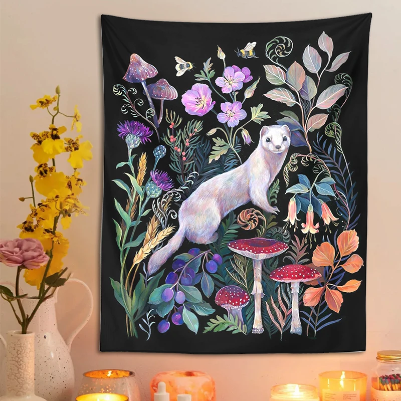 White Ermine Tapestry Wall Hanging Flower Garden Mushroom Wildflowers ...