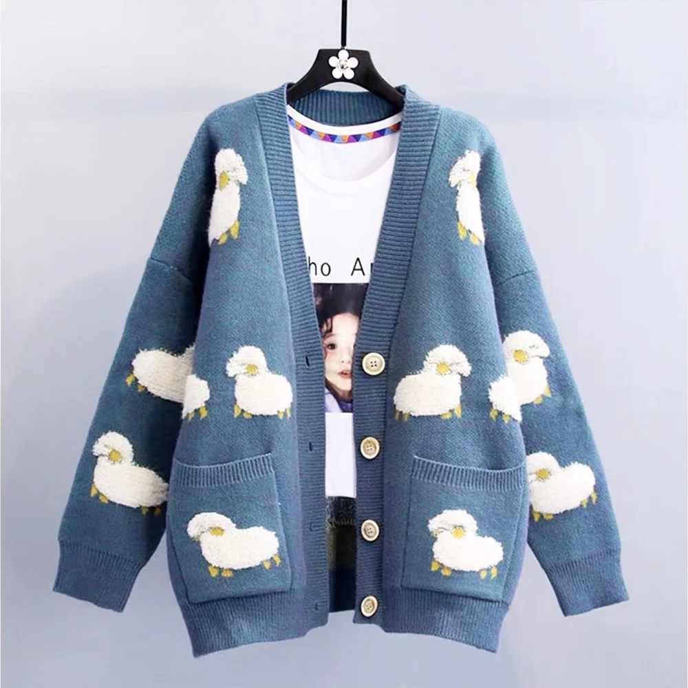 Blue Sheep Cartoon V-Neck Long Sleeve Loose Knitted Sweater Women's ...