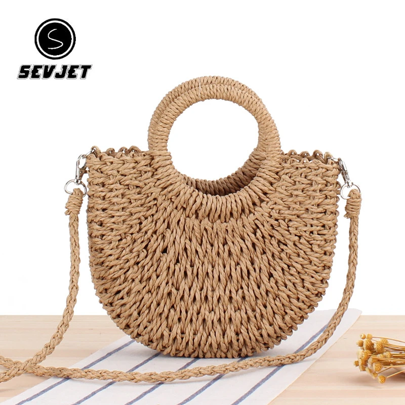 Handmade Half Round Rattan Woven Straw Shoulder Bags Summer Women ...