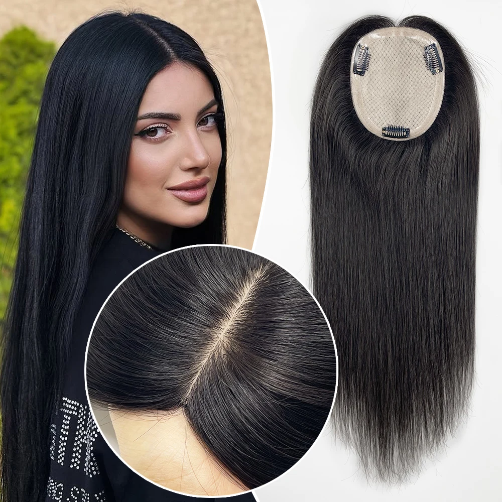12x14CM Straight Silk Base Women's Hair Topper with Clips Virgin ...