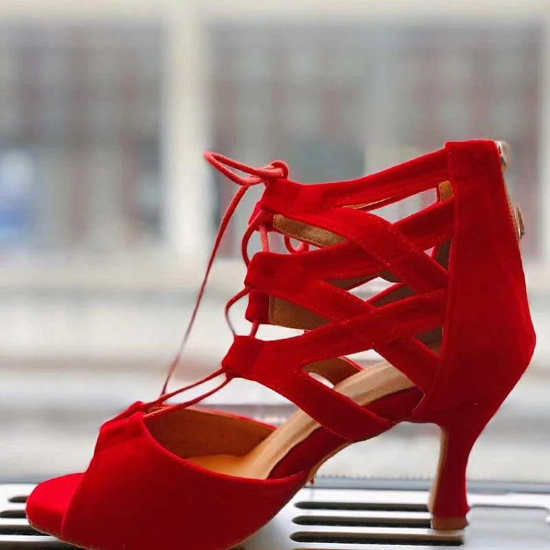Red-Salsa-Dance-Shoes-Women-Summer-Winter-Suede-Sole-Indoor-Ballroom ...