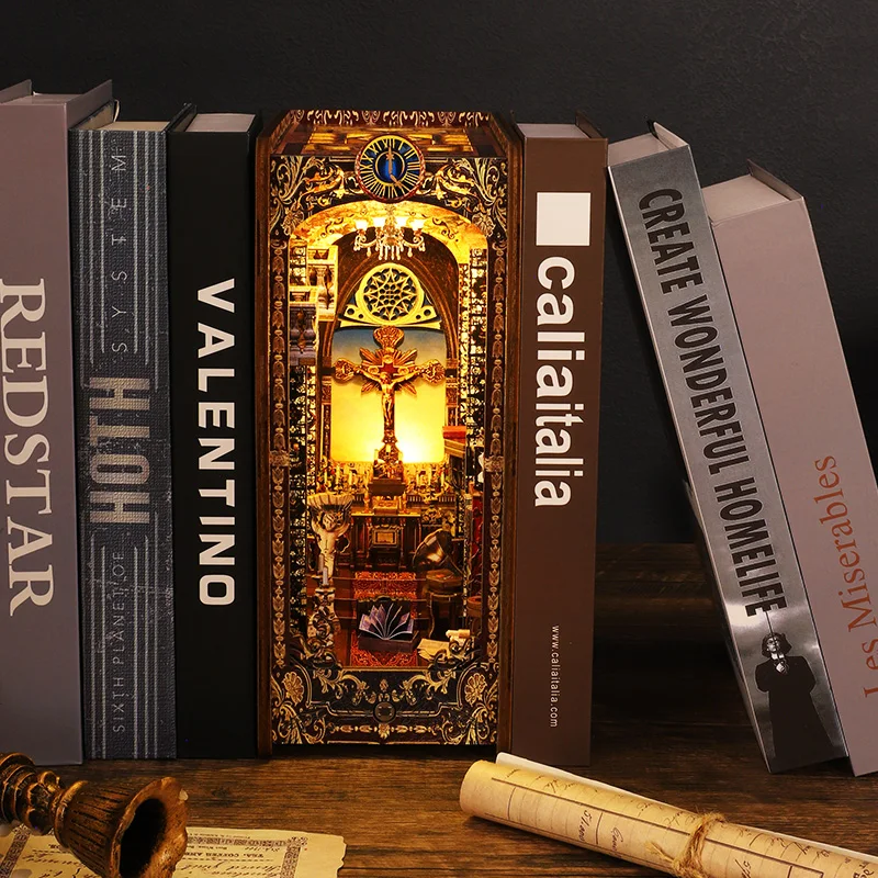 DIY-Wooden-Book-Nook-Shelf-Insert-Kits-Miniature-Saint-Church-Bookends ...