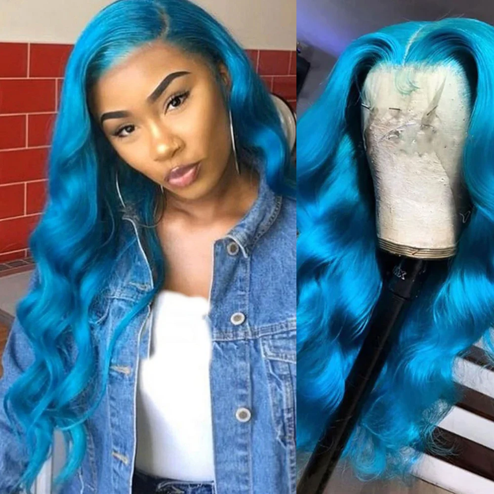 Long UNIQUEWIG Ombre Blue Body Wave Lace Wig 26inch Synthetic Wigs for ...