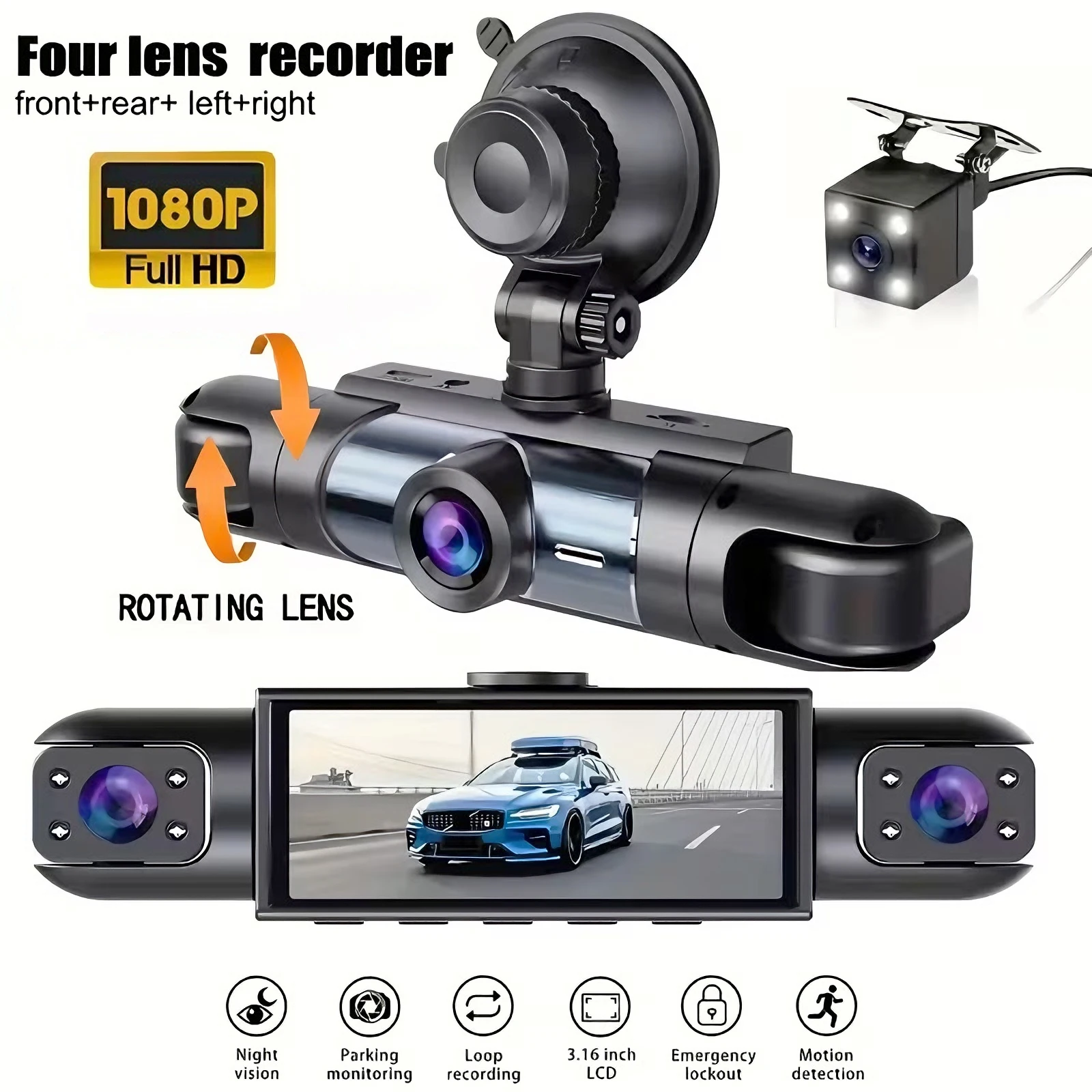 3/4Lens 1080P 360° Recording Front Left right Rear Car Camera Black Box ...