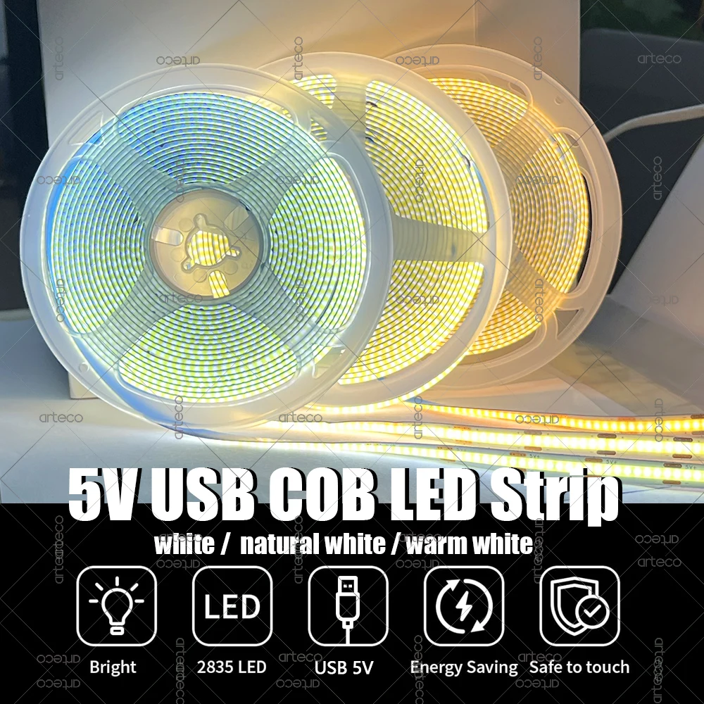 5V COB LED Strip Ultra Thin 8MM Flexible LED Tape Ribbon COB Led Lights ...