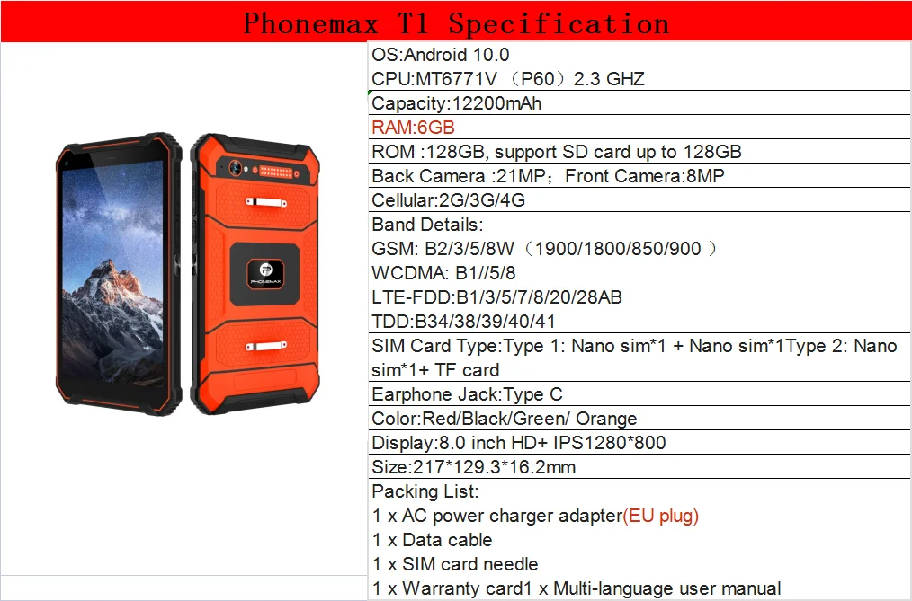 PHONEMAX T1 4G Network Rugged Tablet Phone 6GB+128GB 12200mAh 8.0" HD+IPS Octa Core Android 10.0 ...