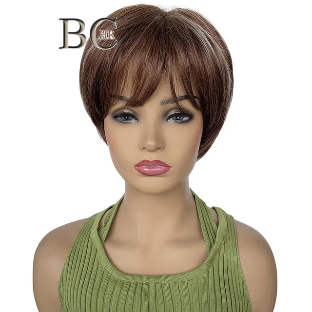BCHR Short Brown Bob Wigs for Women Mixed Blonde Synthetic Natural Hair Wig