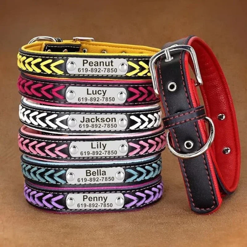 Custom-Leather-Dog-Collar-Braided-Name-Plated-Dog-Collars-for-Small ...
