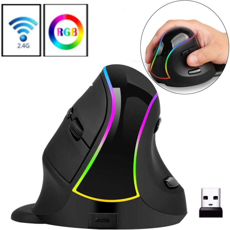 Missgoal rgb mouse vertical sem fio 2.4g usb mouse óptico recarregável ergonômico mous 3200 dpi ...