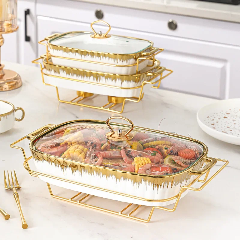 # Deluxe Gold Ceramic Food Warmer Buffet Serving Soup Pot Candle Hot ...