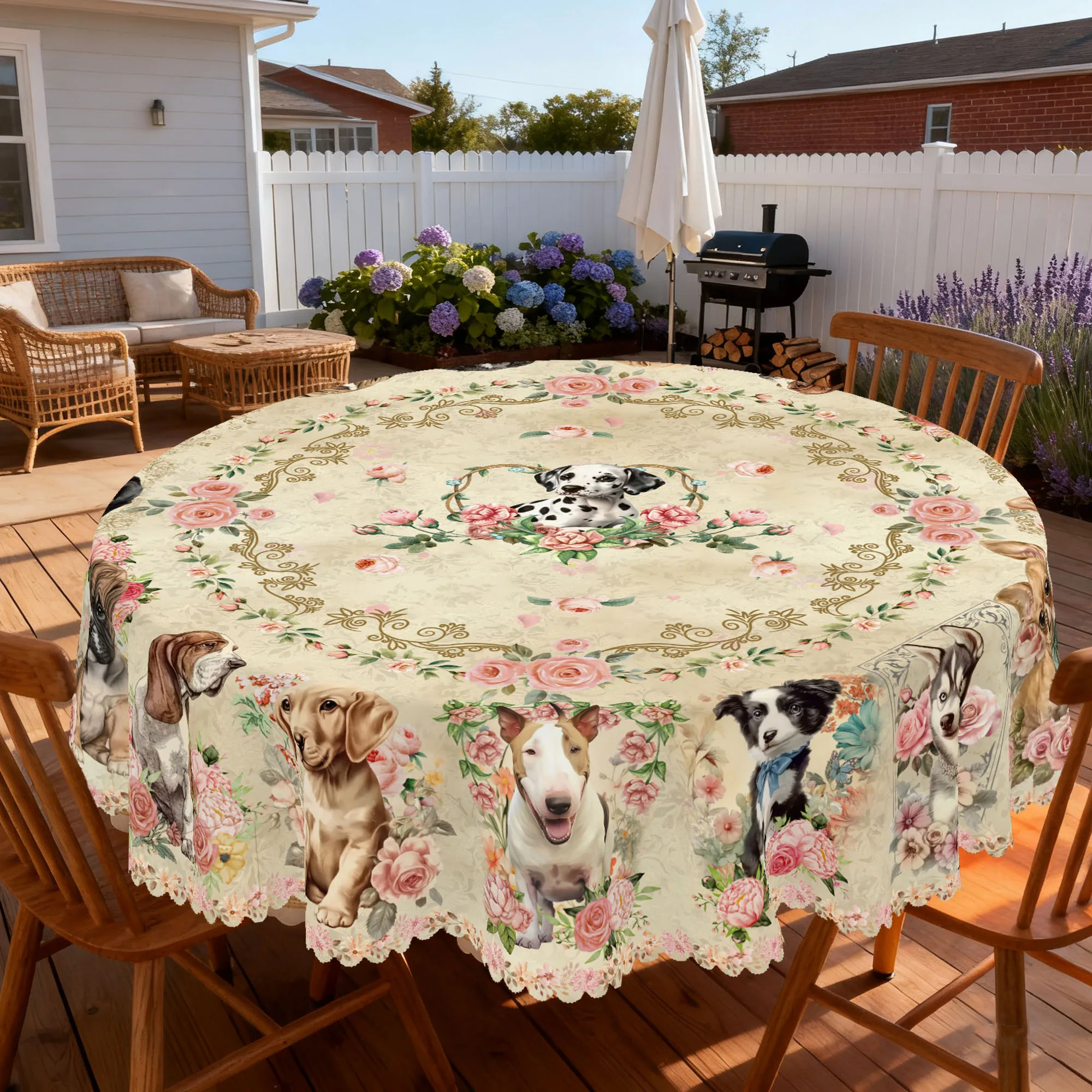 1 Piece of Cute Dog and Floral Themed Round and Rectangular Tablecloth ...