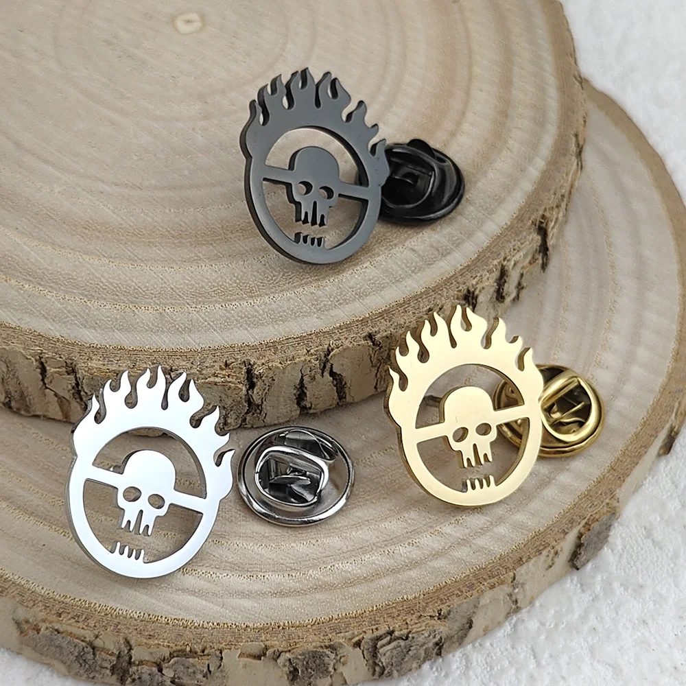 New flame skull men's lapel pin, 316L stainless steel gold-plated badge ...