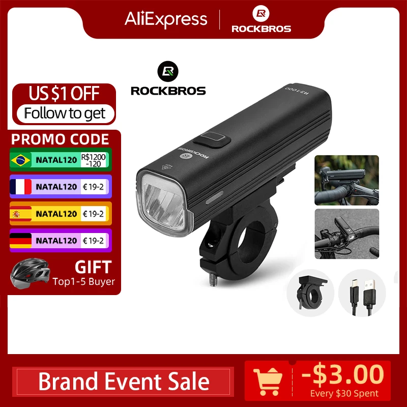 Rockbros Bicycle Light 1000lumen 4800mah Bike Headlight Power Bank Flashlight Handlebar Usb ...