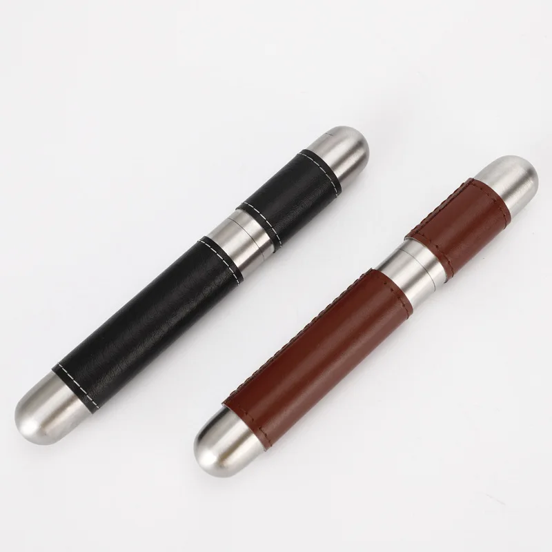 Thickened-stainless-steel-cigar-tube-leather-box-cylindrical-single ...