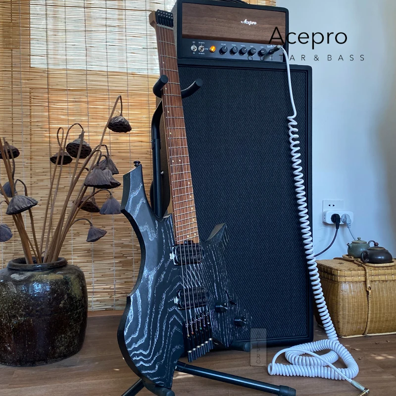 Acepro-New-Pro-Headless-Electric-Guitar-Satin-Black-Ash-Body-Jumbo ...