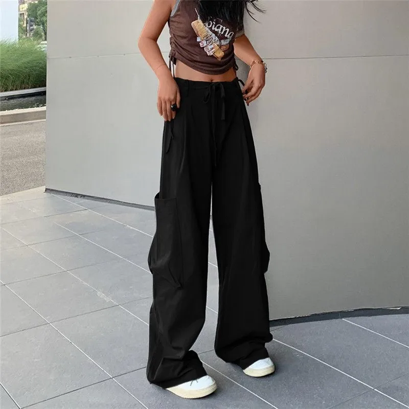 Y2k Mulheres Streetwear Carga Calças Casuais Baggy Perna Larga Reta Com