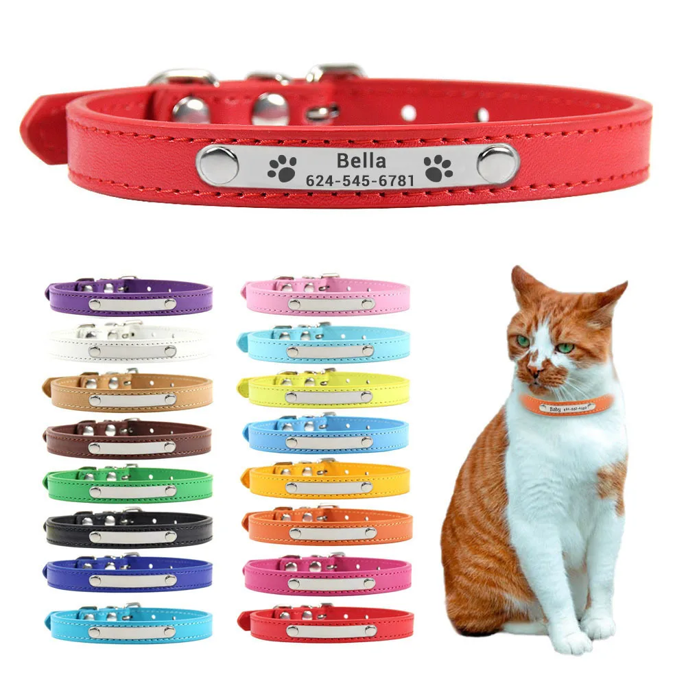 PU-Leather-Cat-Collar-Personalized-Kitten-Collar-ID-Name-Engraving-Pet ...