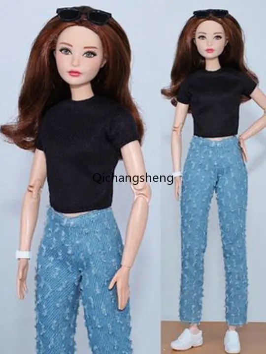 Black Shirt Ripped Denim Jeans Pants 30cm Doll Outfits Set For Barbie ...