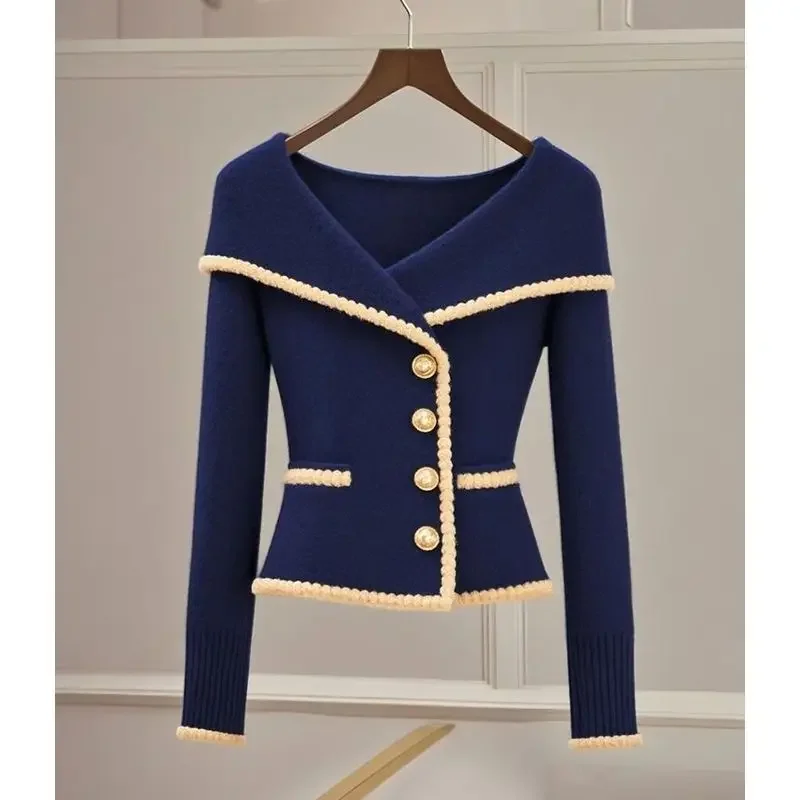 French-Style-Chic-Navy-Blue-Turn-Down-Neck-Knitted-Cardigan-for-Women ...
