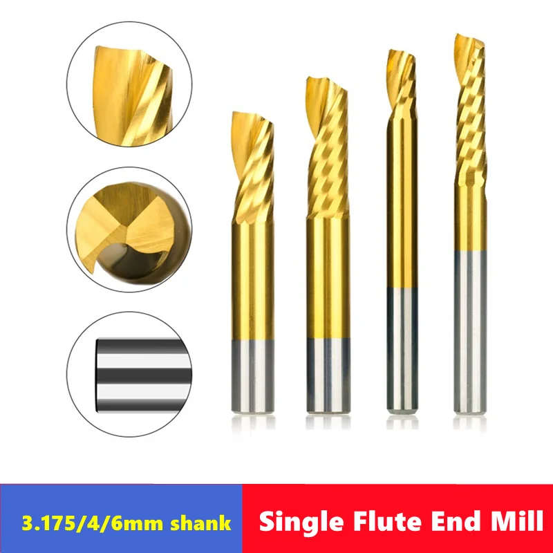 3.175/4/6mm shank TIN Single Flute End Mill , HRC60° Spiral Router Bits ...