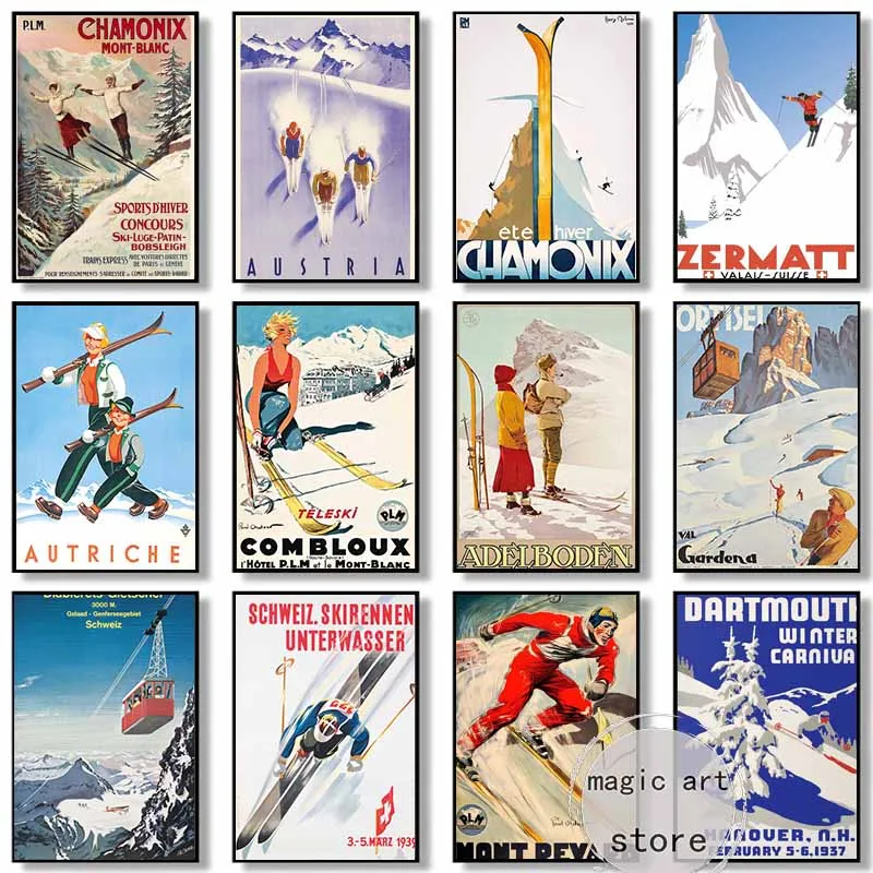 Retro-Zermatt-Chamonix-Skiing-Art-Poster-Vintage-Australia-France-Ski ...
