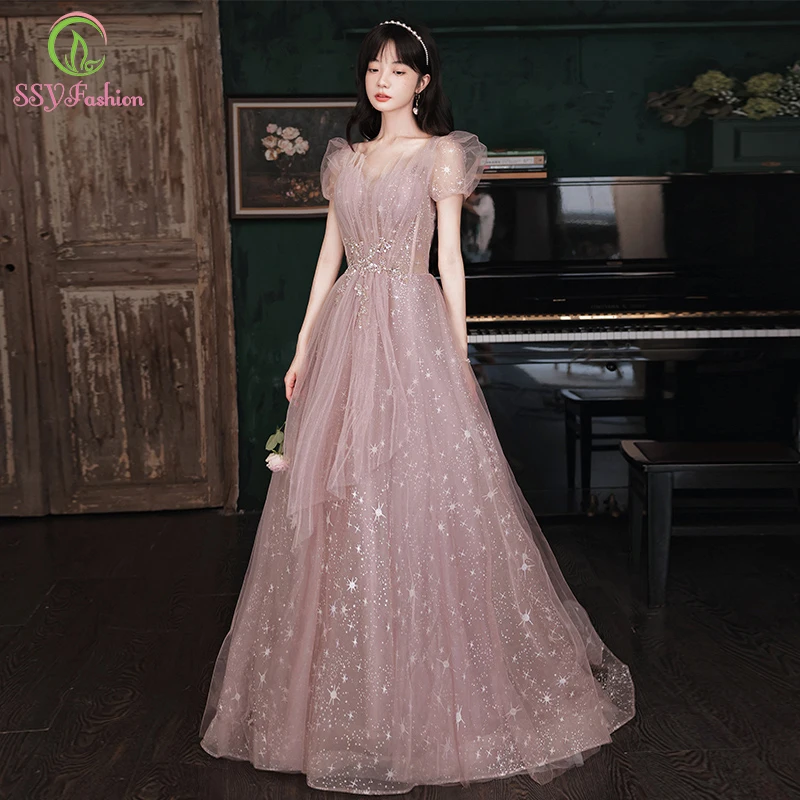 Ssyfashion فستان سهرة وردي جميل جديد للنساء أكمام منتفخة على شكل حرف A