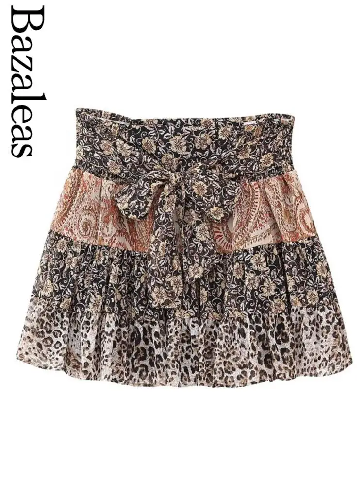 2023 Bazaleas Store Traf Mori Girl Style Print Mini Skirts Chiffon Wide