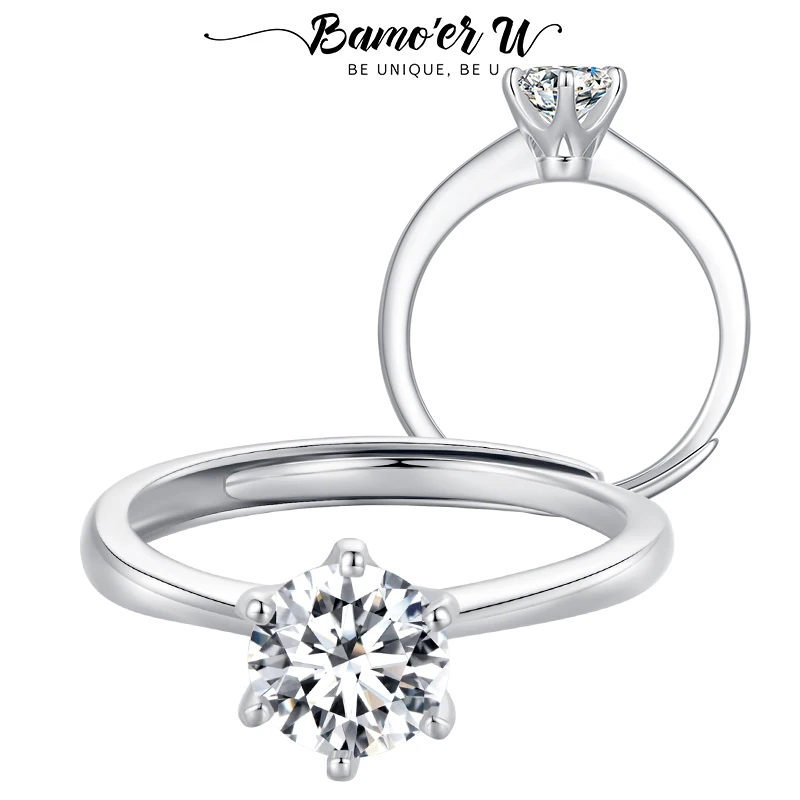 BAMOER U 1.0CT D Color VVS1 EX Moissanite Open Ring 925 Sterling Silver Adjustable Zircon Finger ...