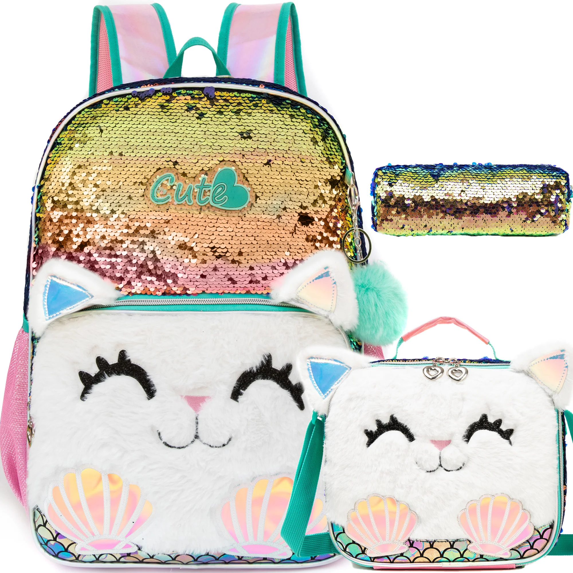 Cute-Cat-Sequin-Backpacks-for-Girls-School-Bag-with-Lunch-Box-Pencil ...