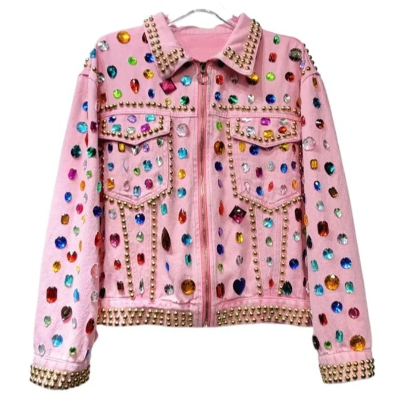 Women Rainbow Diamonds Beaded Pink Denim Coat Loose Rhinestones Jeans ...