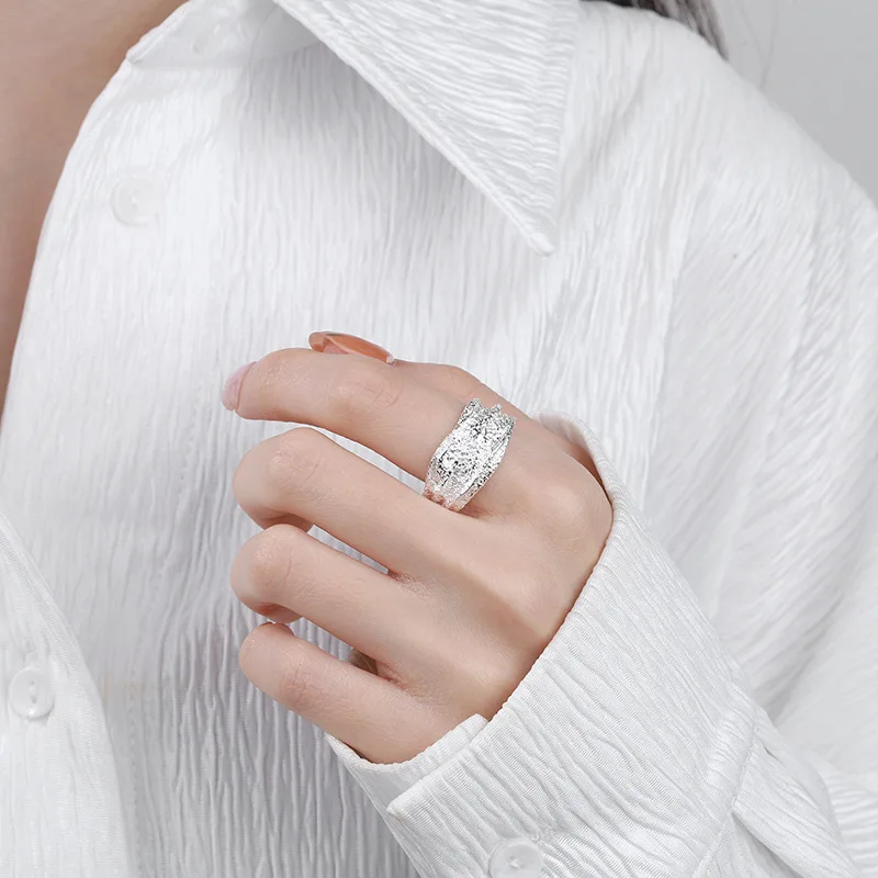2024-S925-sterling-silver-Rings-Irregular-frosted-broken-texture-open-ring-European-and-American ...