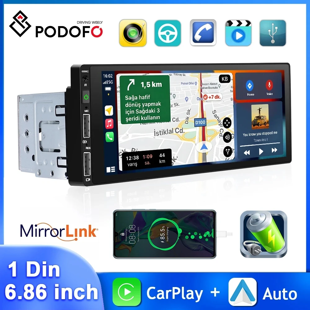 Podofo-1-Din-MP5-Car-Radio-6-86-MP5-Player-Wired-Carplay-Android-Auto ...