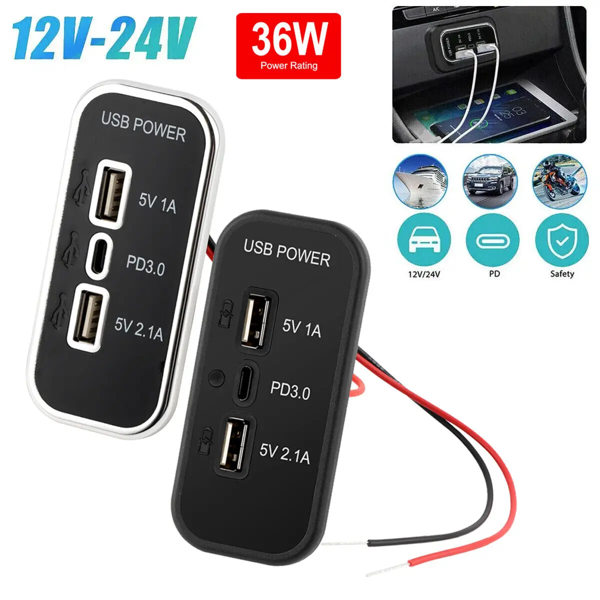 12V-24V-Car-Charger-DUAL-USB-PD-Adapter-Power-Socket-Charging-3-Ports ...