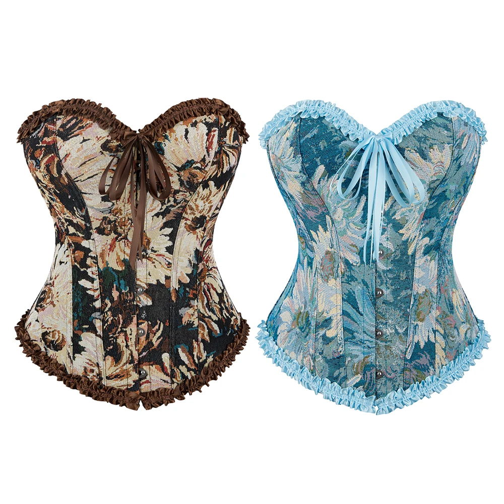 Blue-Brown-Lace-Trim-Overbust-Corset-Floral-Oil-Printing-Bustier-Top ...
