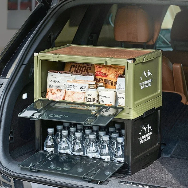 Outdoor Foldable Camping Storage Box with Wooden Lid Multi-Layer Car ...