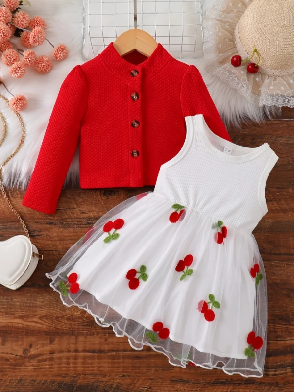 Girls' Two-Piece Outfit: Red Textured Knit Button-Up Cardigan + White ...