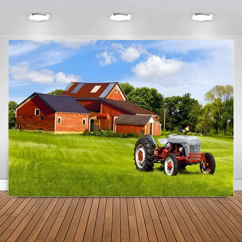 Country-Farm-Backdrop-Barn-Tractors-Green-Grass-Blue-Sky-Background ...