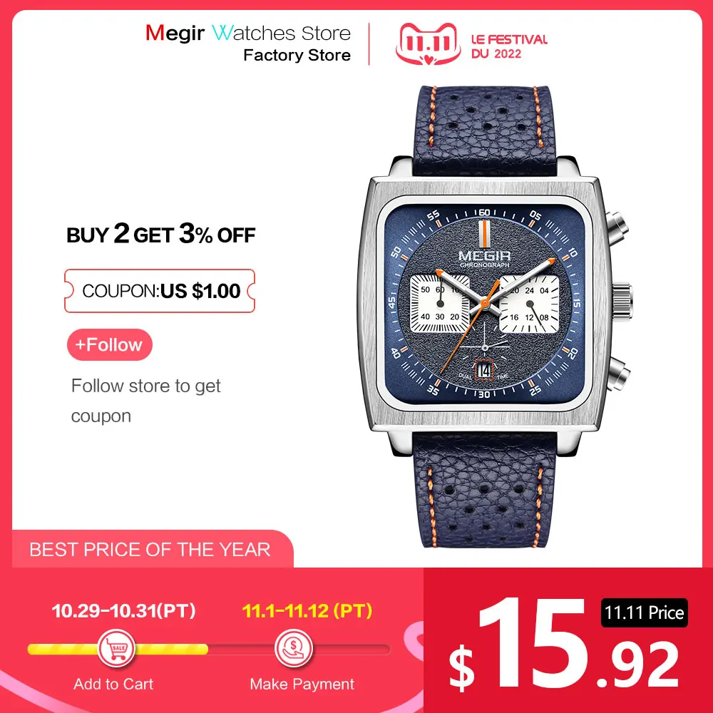 MEGIR Square Dial Chronograph Quartz Watches for Men Fashion Blue ...