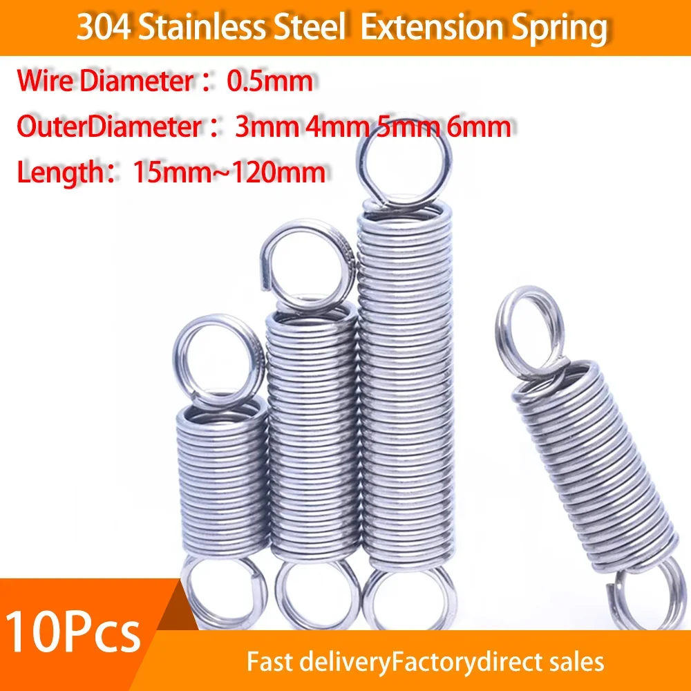 10Pcs 304 Stainless Steel Extension Spring Wire Dia 0.5mm O Ring Hook ...
