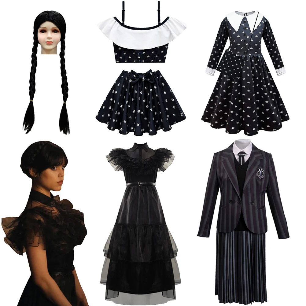 Wednesday Addams Dress Girls TV Wednesday Cosplay Costume Wigs Kids ...