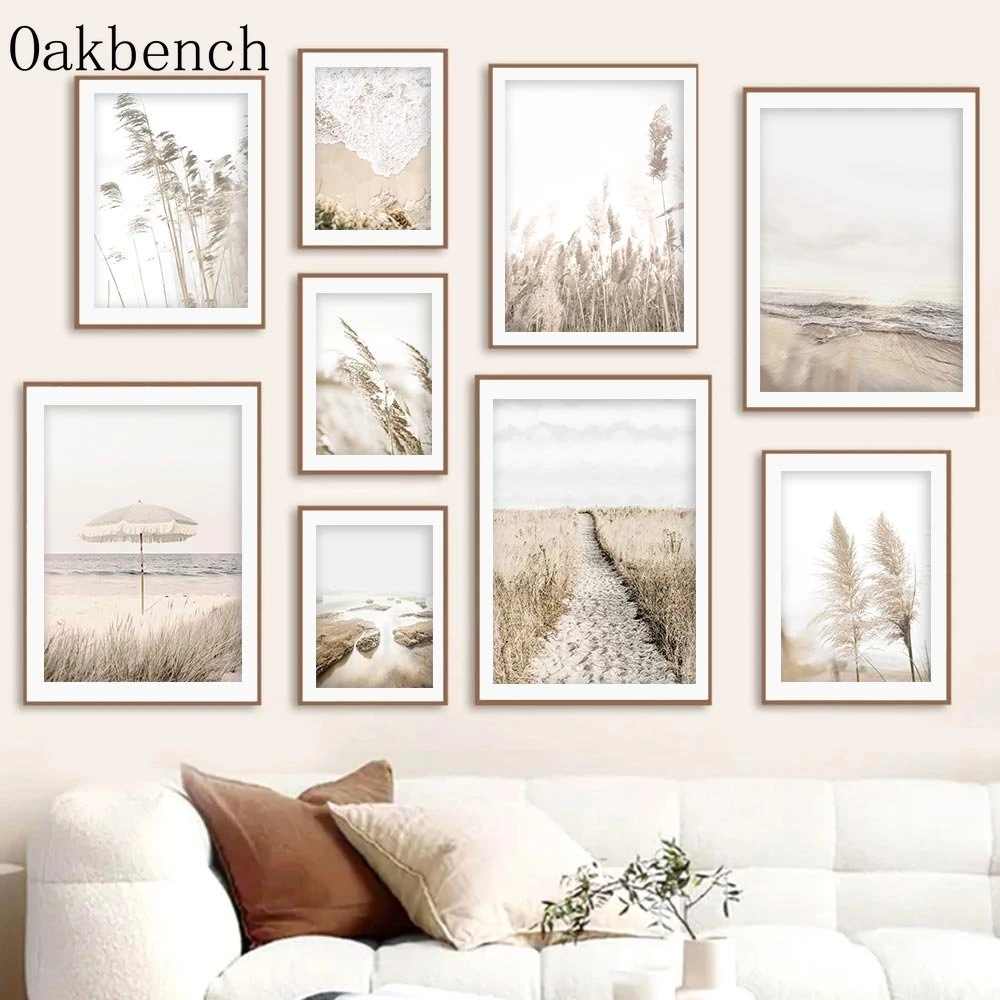 Beige Scenery Wall Posters Hay Reed Canvas Painting Lake Sunshade Art ...