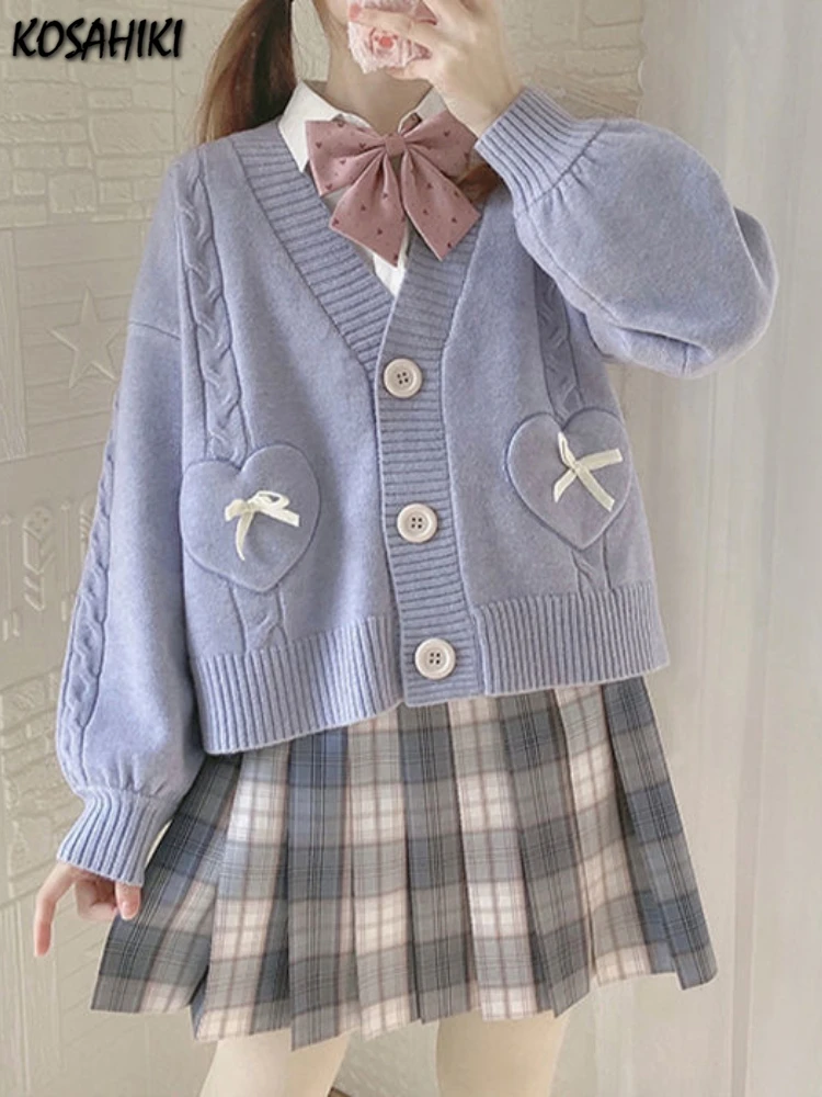 Kosahiki Japanese Kawaii Knitted Cardigan Women Heart Bow Pockets Cute ...