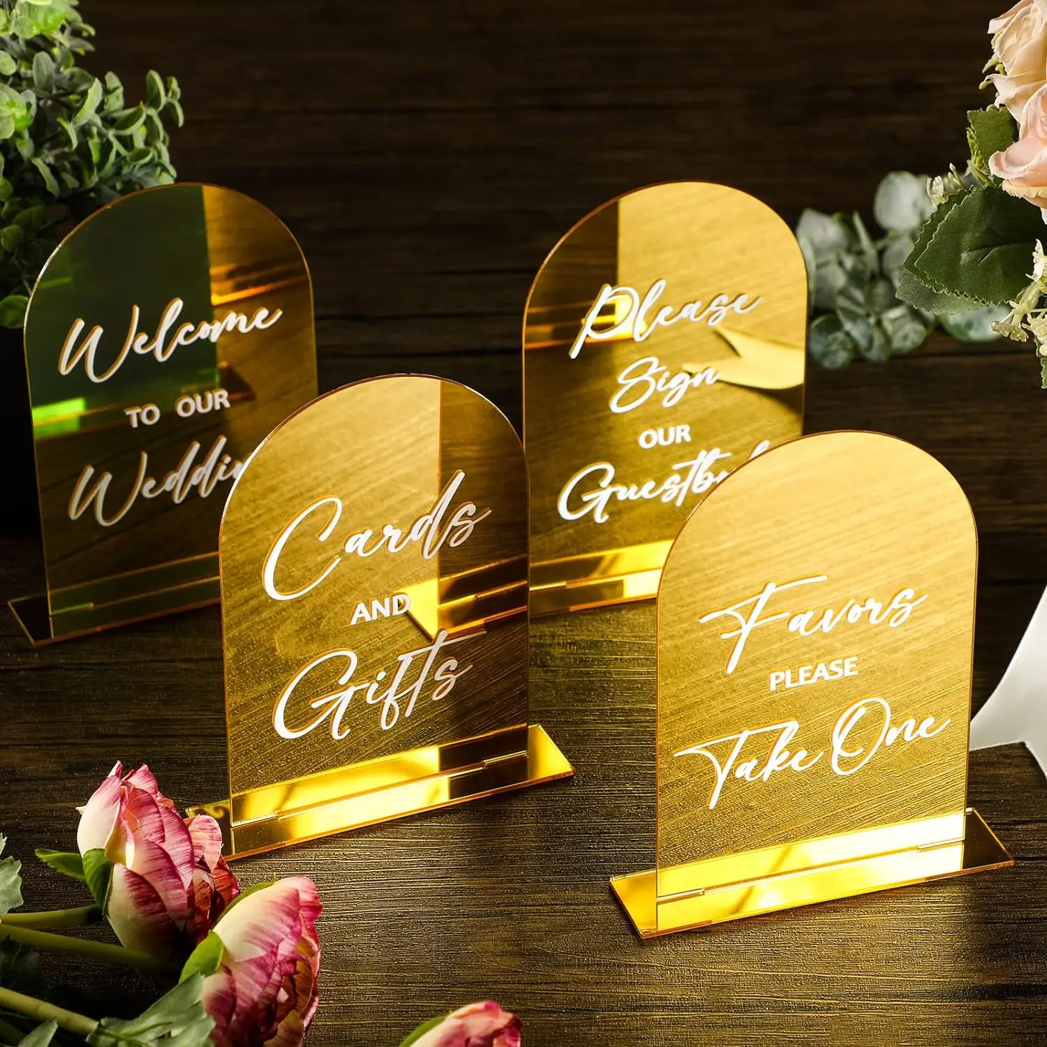 Set of 4 Wedding Signs,Gold Mirror Acrylic Signage,Guest Book Sign ...