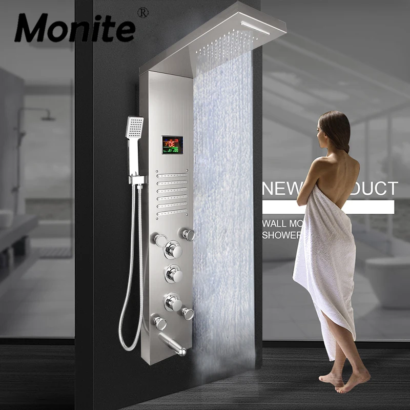 Monite Nickel Brushed Digital Display Shower Panel Column LED Rain ...