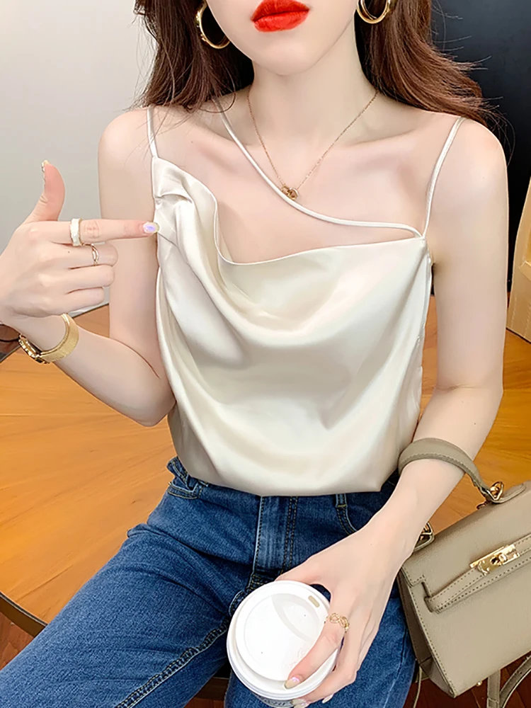 Ice Silk Camisole Women's V-neck Silk Tops Silk Vest White Satin Top ...