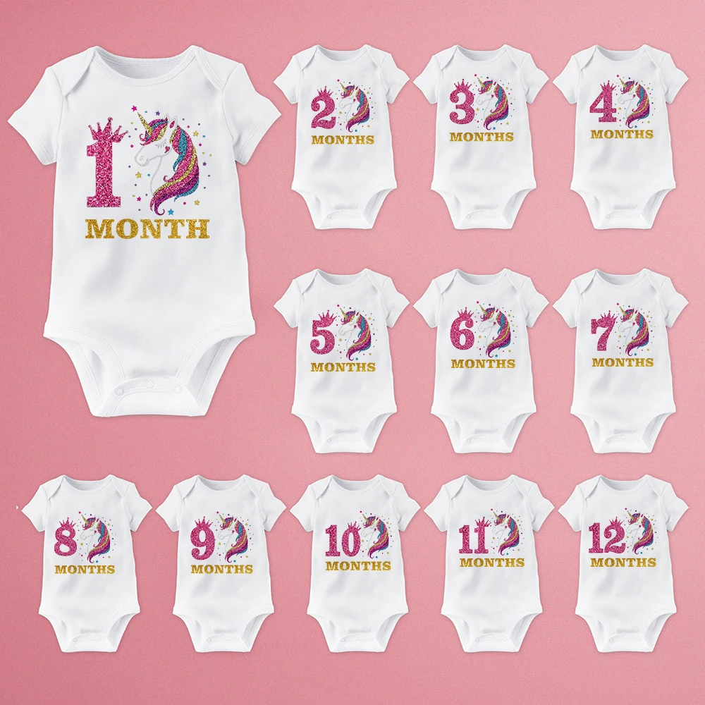 Unicorn 1-12 Month Prin Baby Milestone Bodysuit Newborn Monthly ...