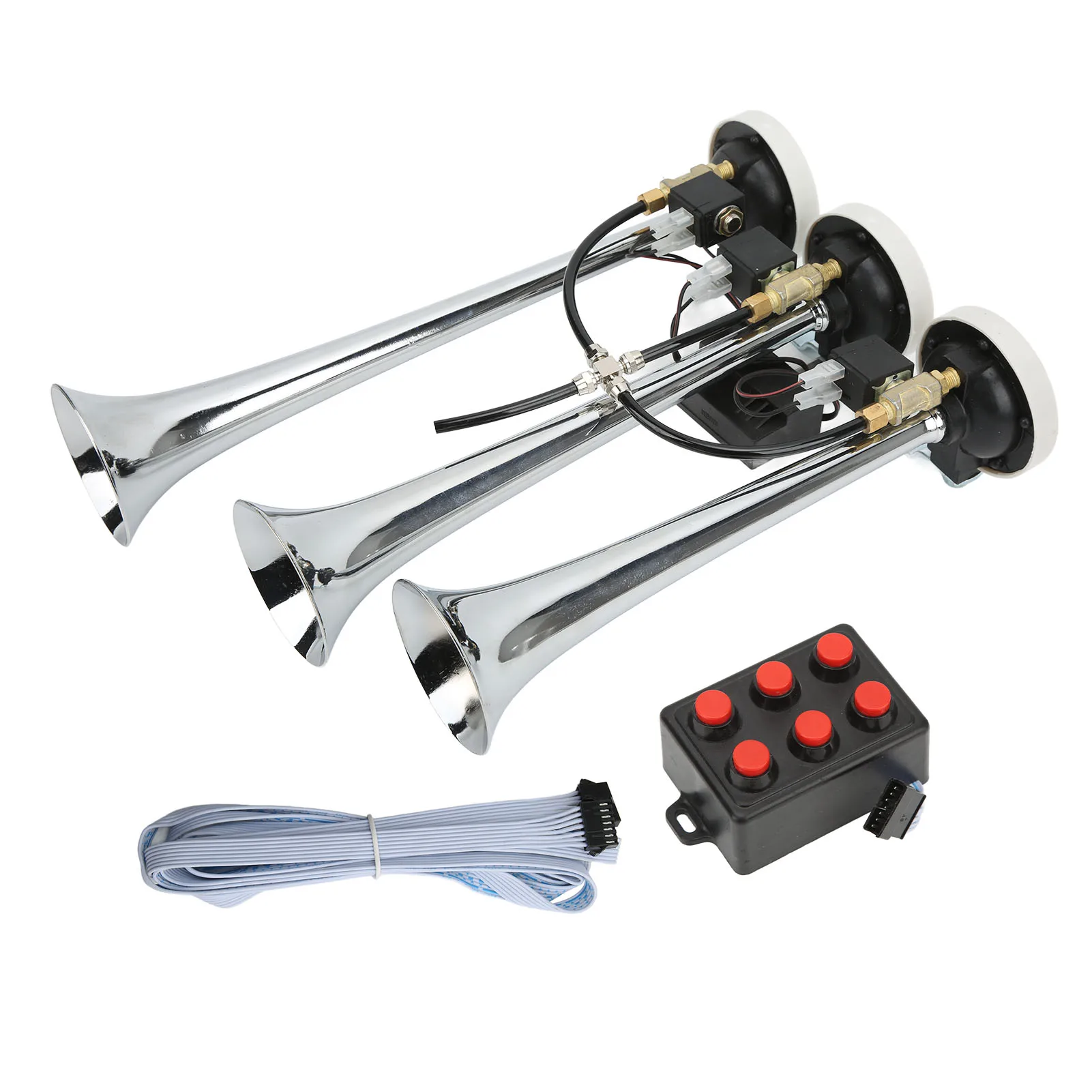 DC 12V/24V Car Air Horns 3 Trumpet Air Horn Kit 6 Tunes Chrome Plated ...