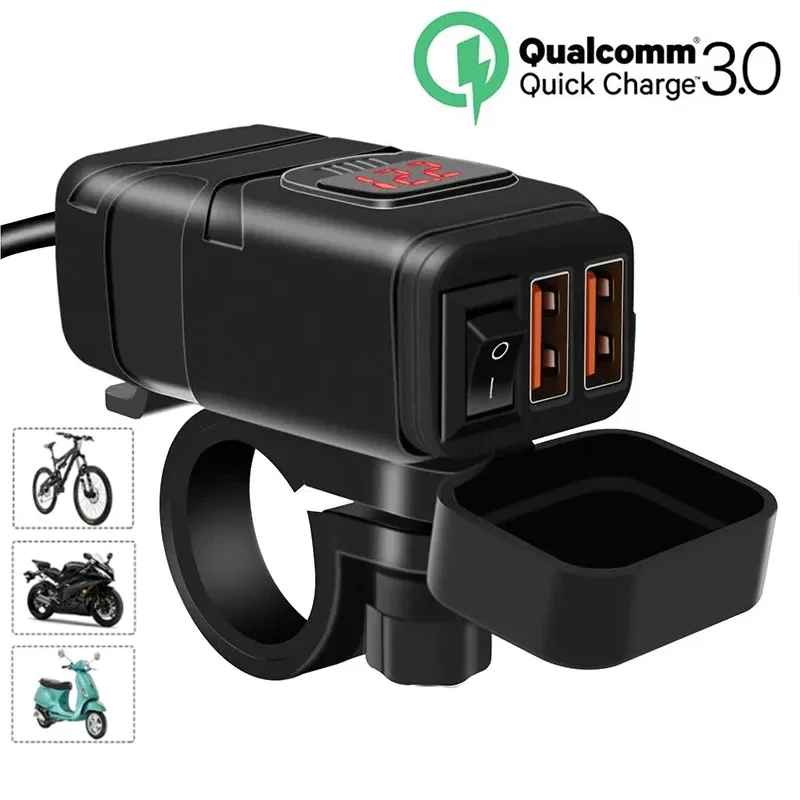 12V Motorcycle Dual USB Quick Charger QC3.0 Handlebar Fast Charging ...