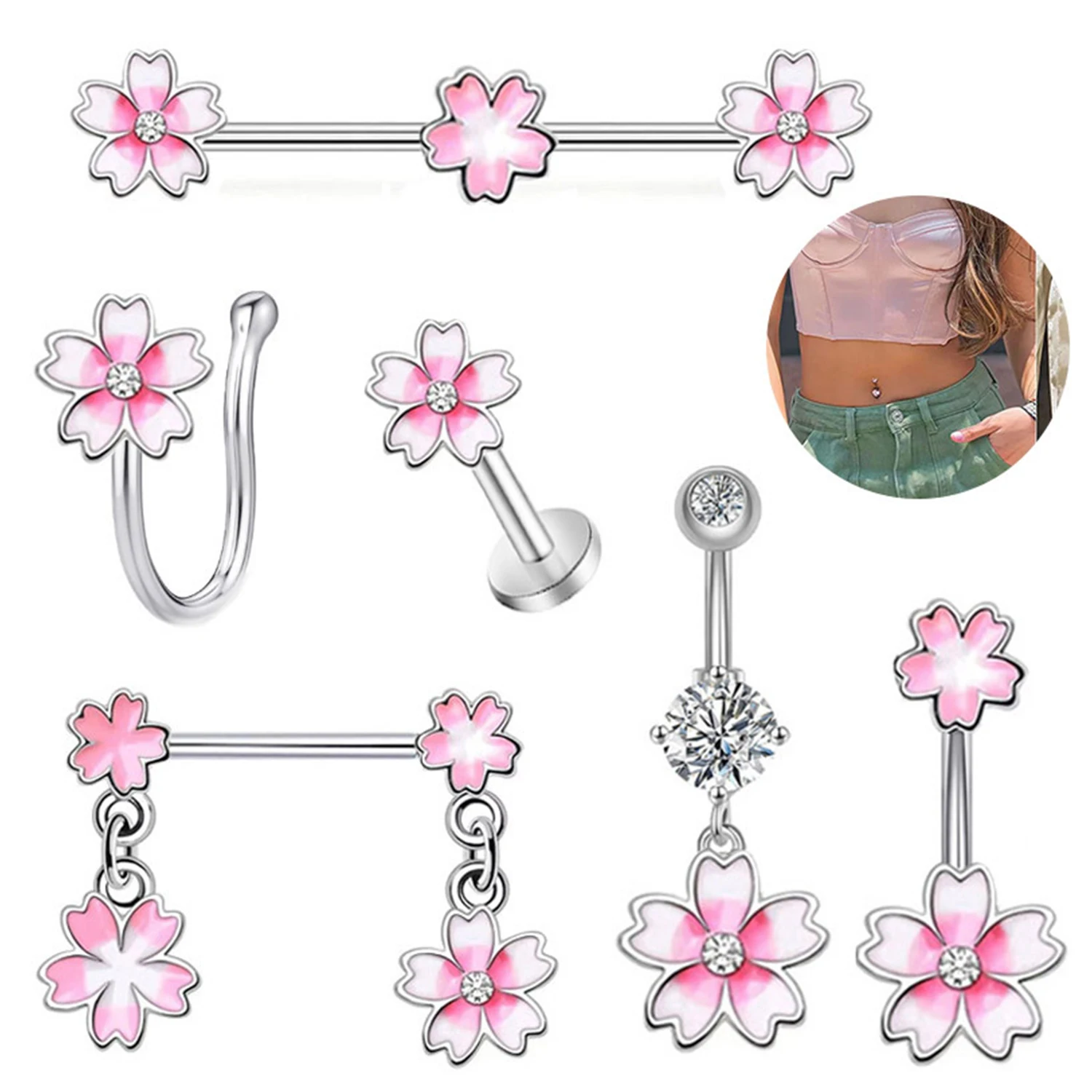 1PC-Pink-Flower-Belly-Button-Rings-For-Women-Nipple-Ring-Zircon-Drop ...