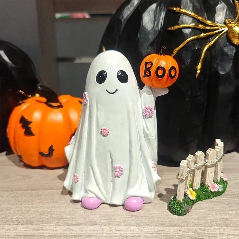 Halloween-Ghost-Hold-Pumpkin-Decorative-Pink-Flower-Figurine-Cute-3d ...
